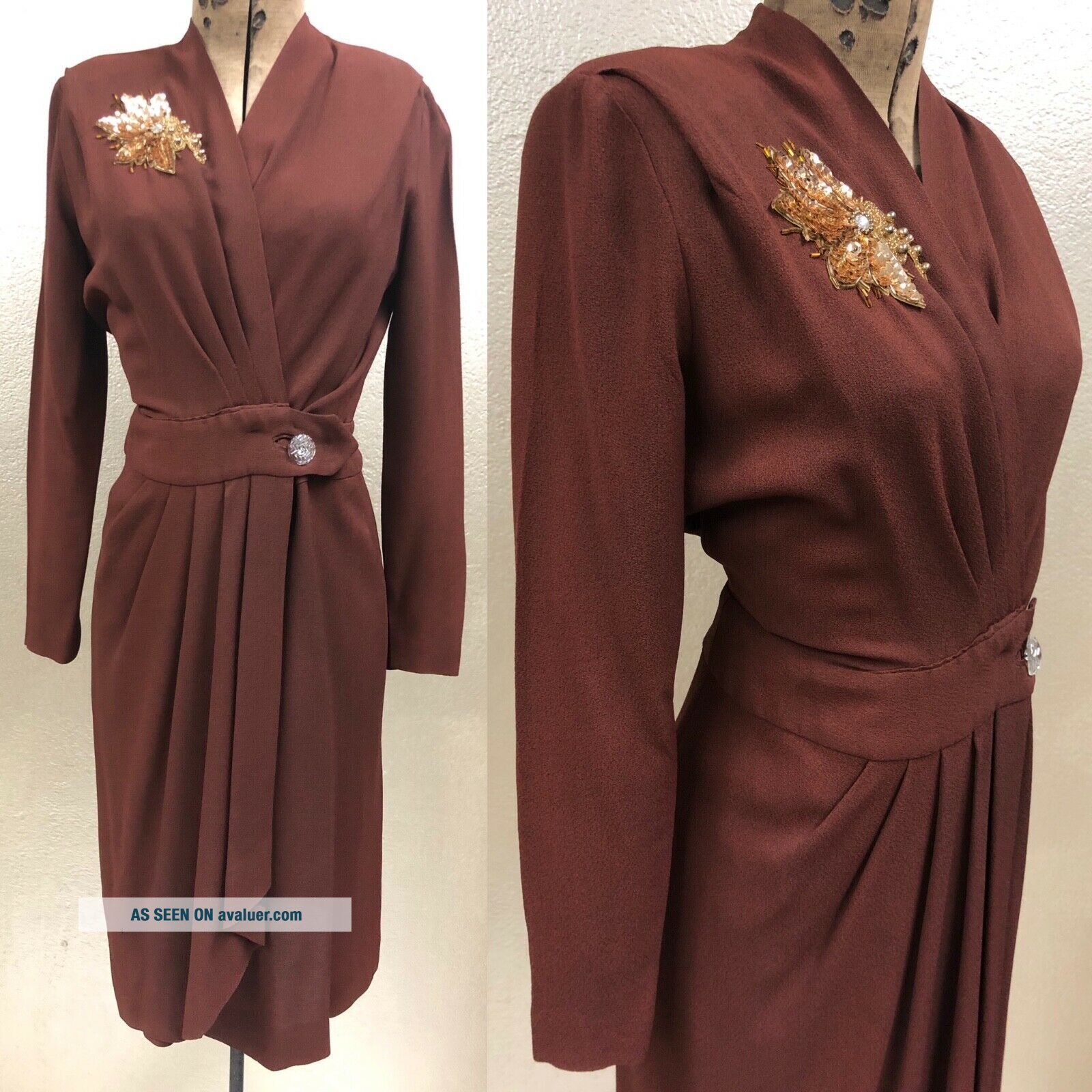 Vintage 1940 ' S Ladies Brown Rayon Wrap Dress W/Sequin Appliqué Stage ...