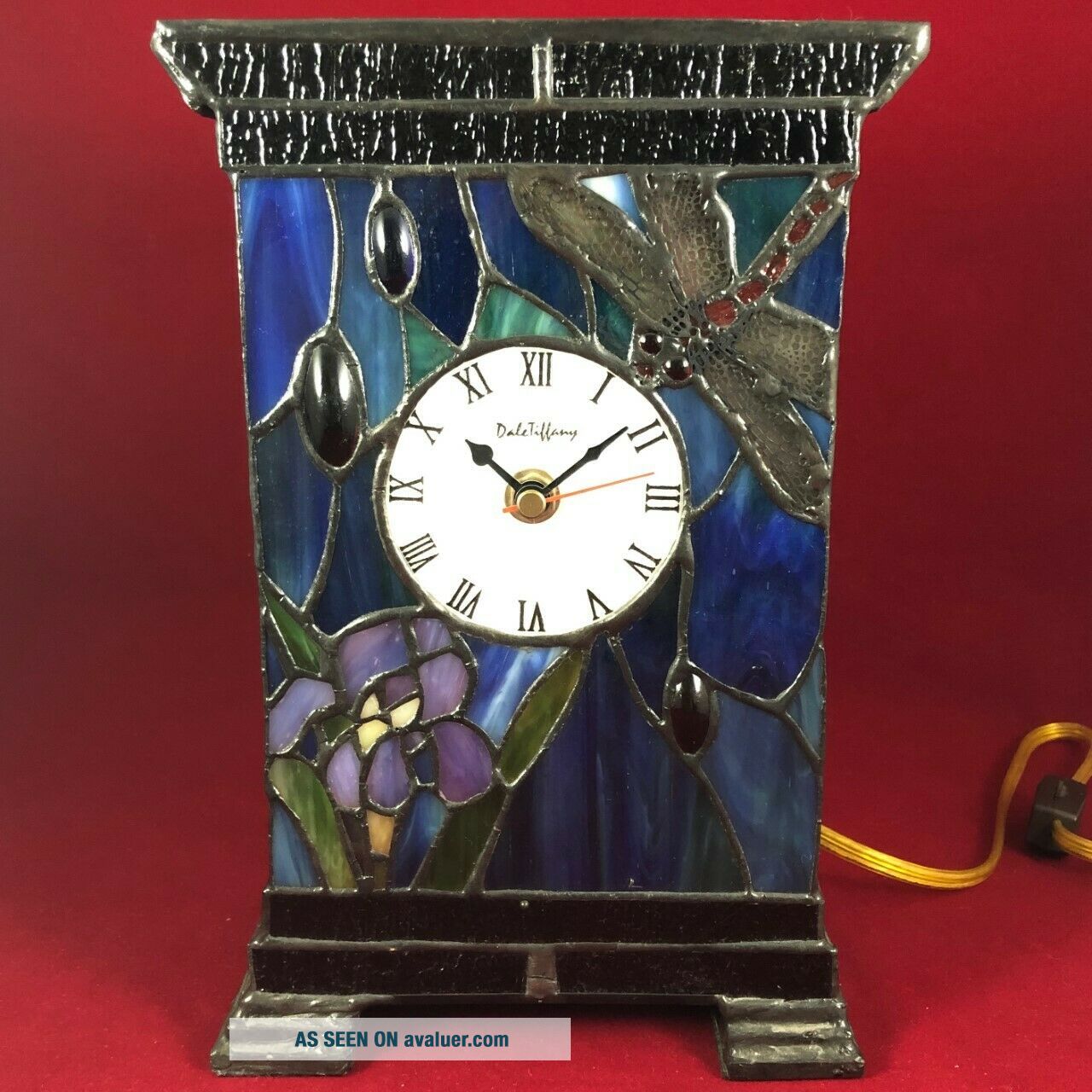 VINTAGE Signed Dale Tiffany Stained Glass Clock DragonFly Night Light ...