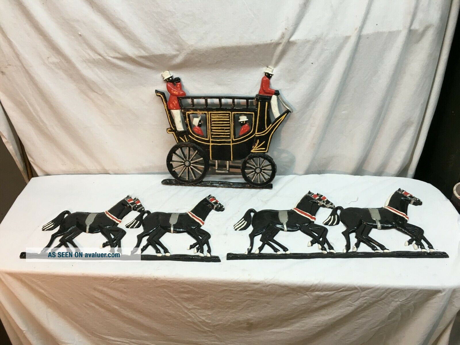 Vtg 3pc Cast Aluminum Horse Drawn Carriage Fox Hunt Bugle Boy Driver ...