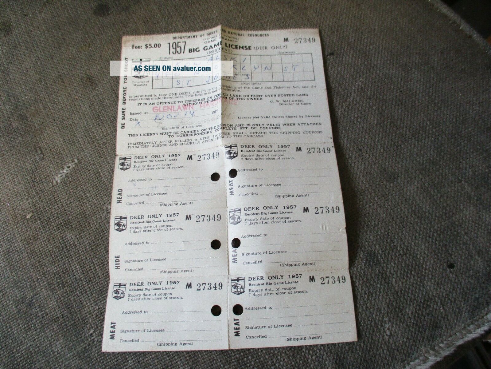 1957 MANITOBA CANADA BIG GAME DEER LICENSE HUNTING FISHING TRAPPING ...