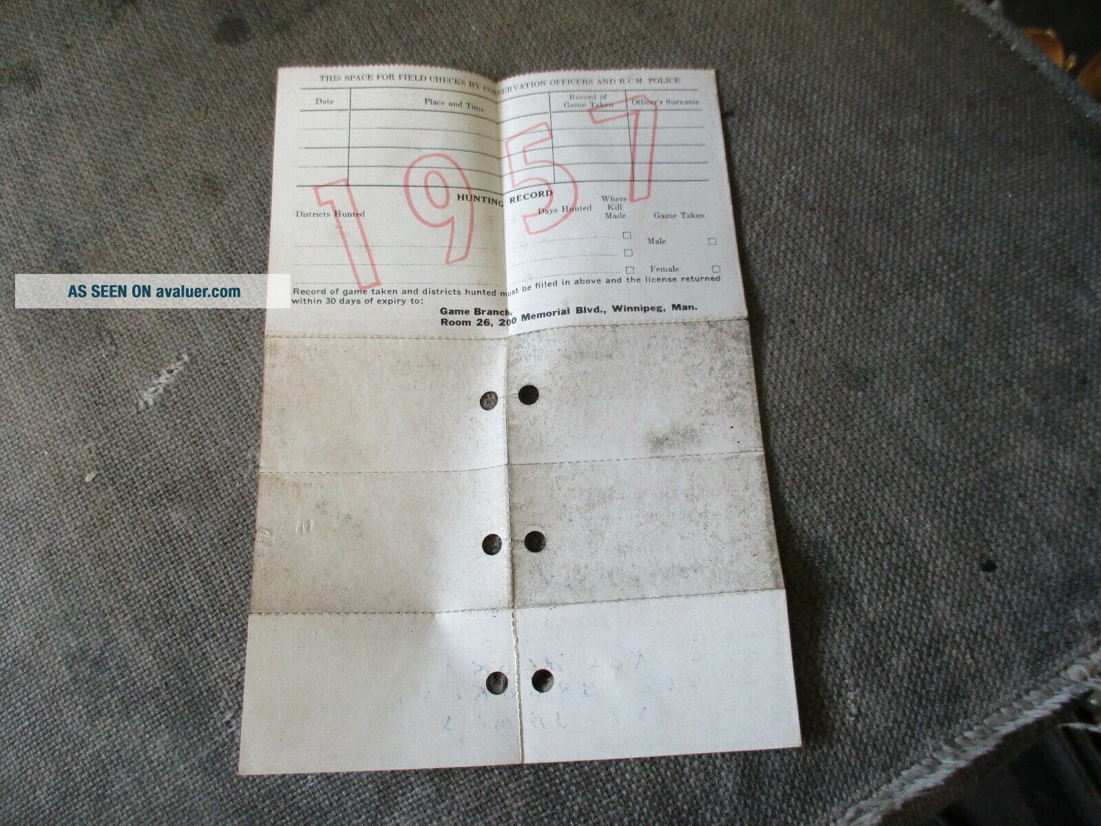 1957 MANITOBA CANADA BIG GAME DEER LICENSE HUNTING FISHING TRAPPING ...