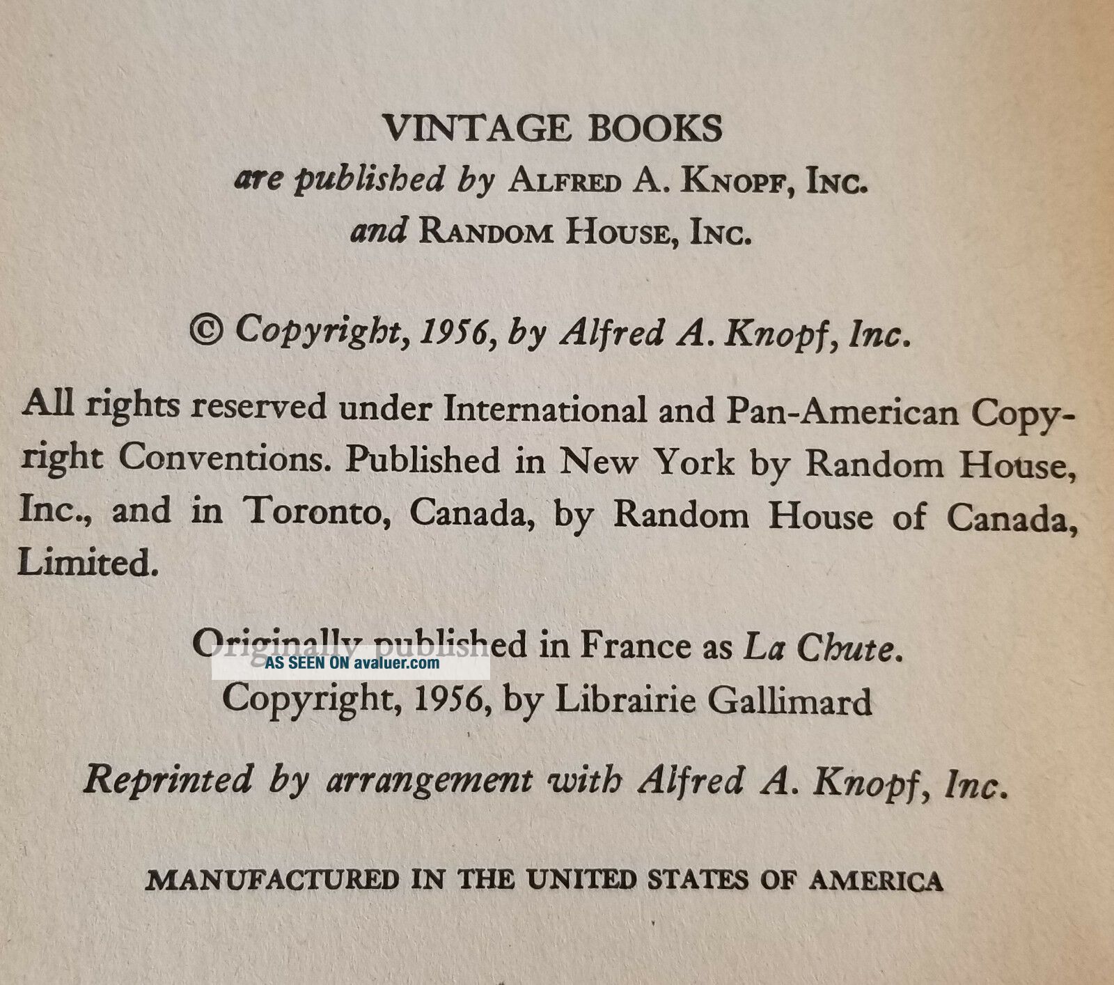The Fall, Albert Camus (La Chute) Vintage Books Edition C. 1956 | #7079797