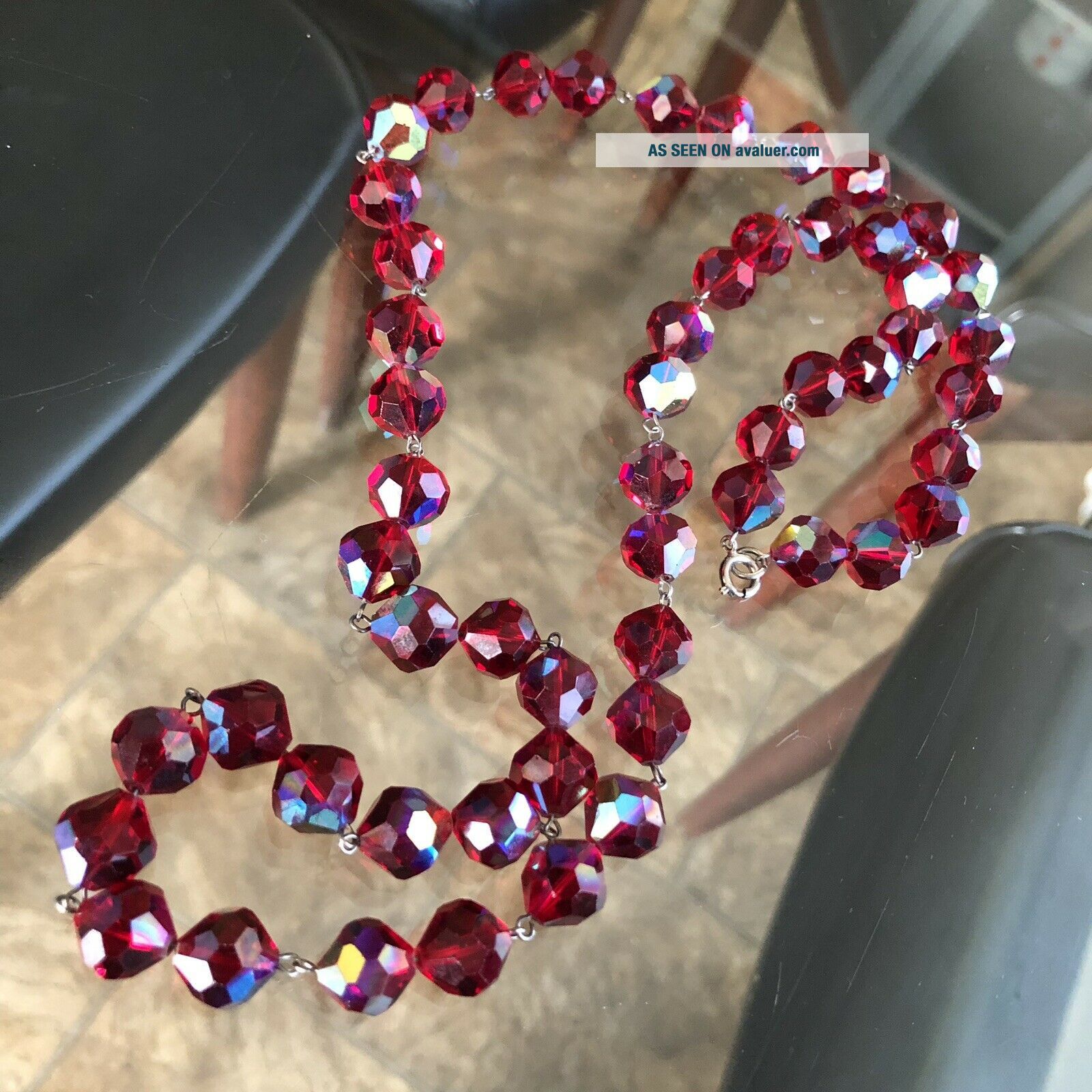 Vintage CARNIVAL Ruby RED Aurora BOREALIS Crystal BEADS Wired MATINEE ...