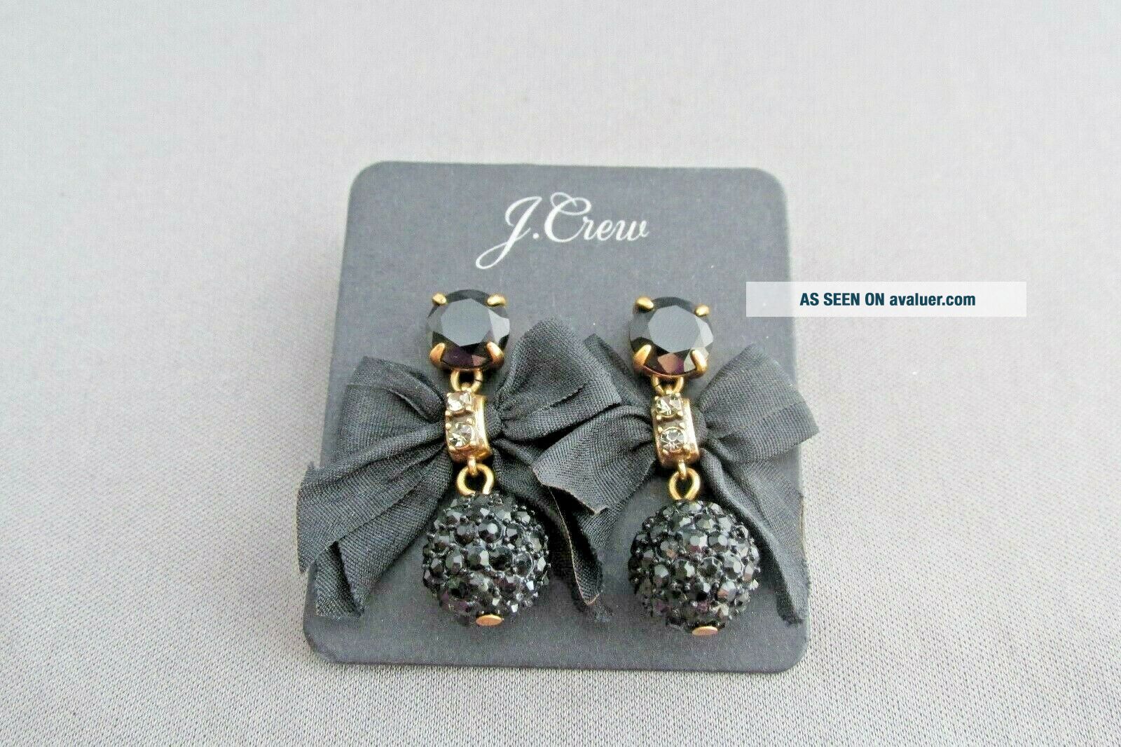 VINTAGE J CREW GOLD TONE BLACK BOW RHINESTONE BALL GLOBE DANGLE PIERCED ...