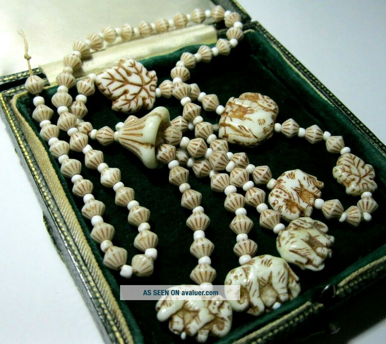 Vintage Czech Art Deco Max Neiger Elephant Glass Carved Beads Necklace ...