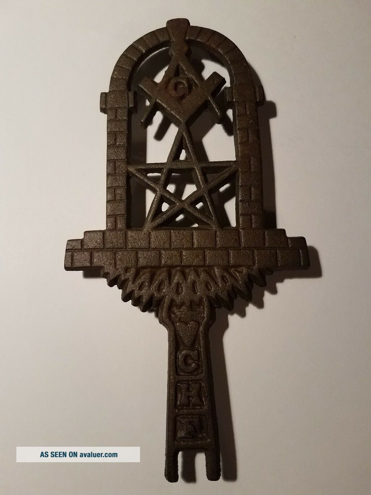 VINTAGE Black Cast Iron Trivet Masonic Star Symbols J Z H 1961 | #7253392