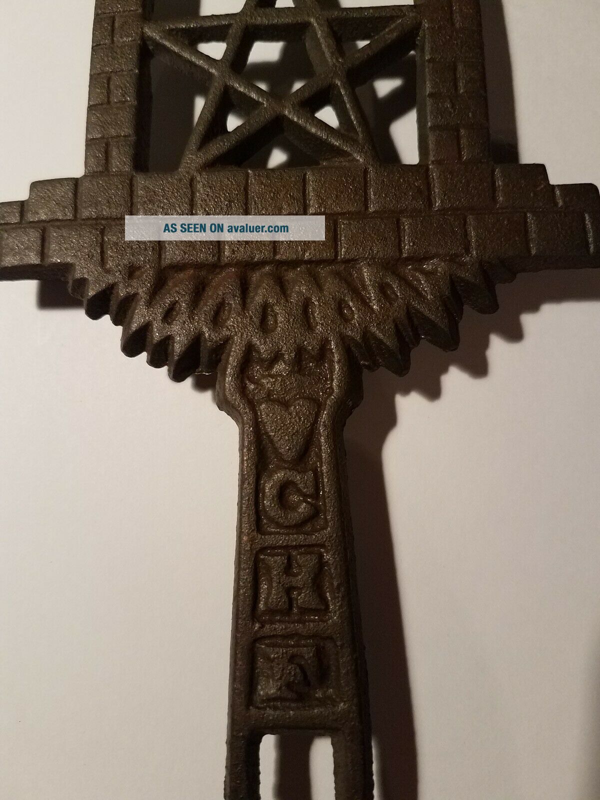 VINTAGE Black Cast Iron Trivet Masonic Star Symbols J Z H 1961 | #7253392