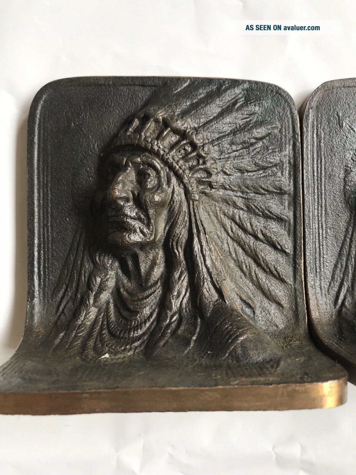 Vintage Solid Bronze Bookends Native American Indian Chief | #7284345
