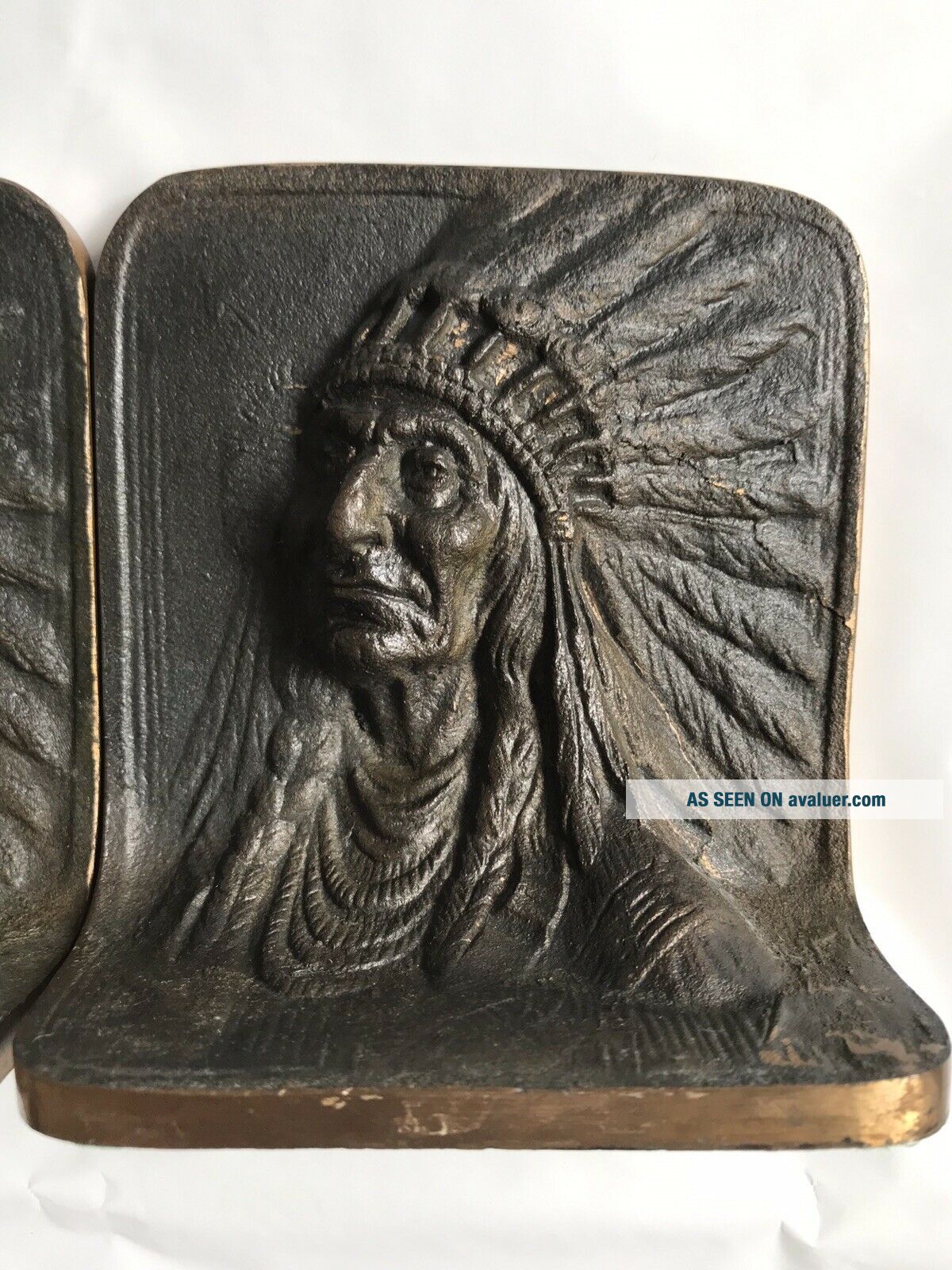 Vintage Solid Bronze Bookends Native American Indian Chief | #7284345