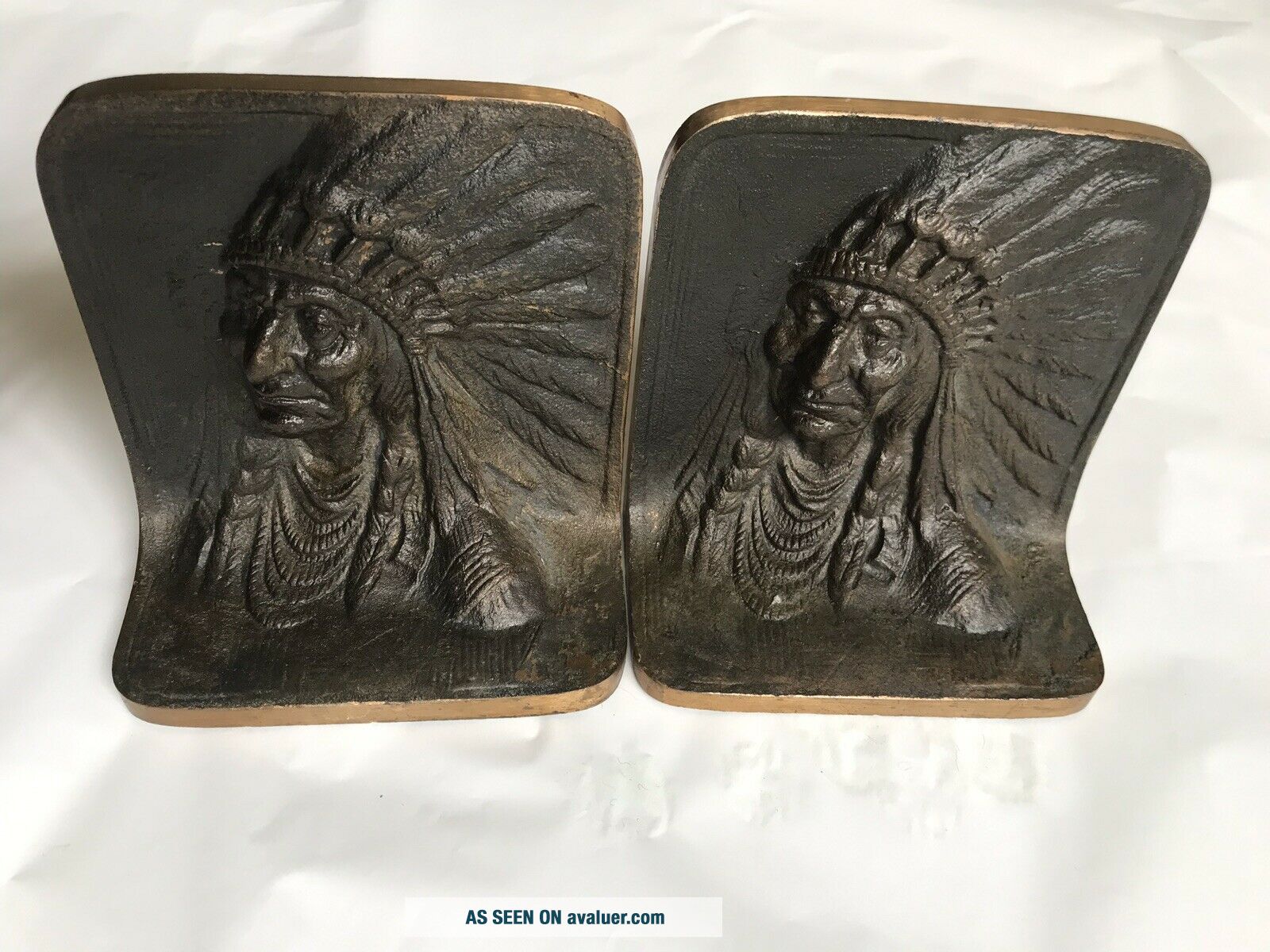 Vintage Solid Bronze Bookends Native American Indian Chief | #7284345
