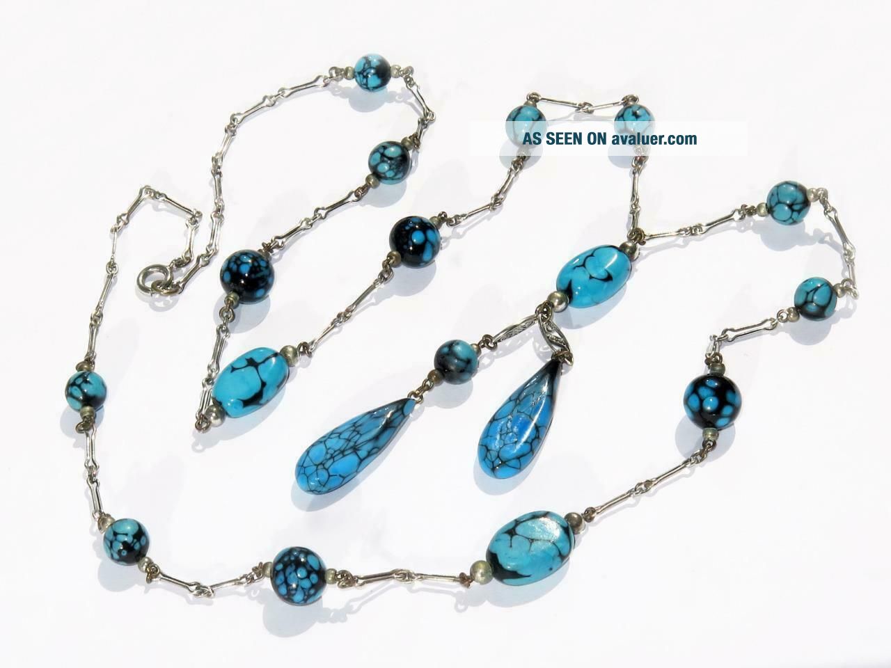VINTAGE FAUX TURQUOISE MATRIX BEAD / SILVER CHAIN NECKLACE - ART DECO ...