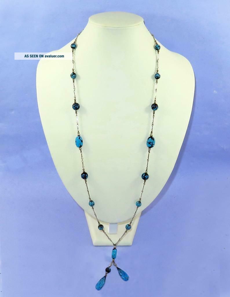 VINTAGE FAUX TURQUOISE MATRIX BEAD / SILVER CHAIN NECKLACE - ART DECO ...