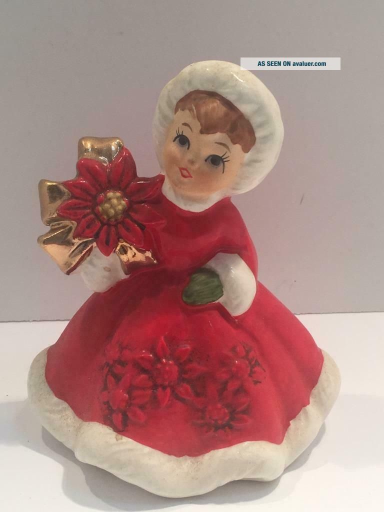 Vintage Lefton Christmas Girl Carrying Poinsettia & Poinsettia On Dress ...