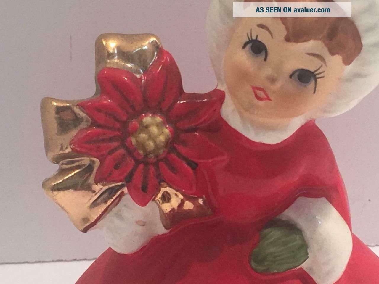 Vintage Lefton Christmas Girl Carrying Poinsettia & Poinsettia On Dress ...