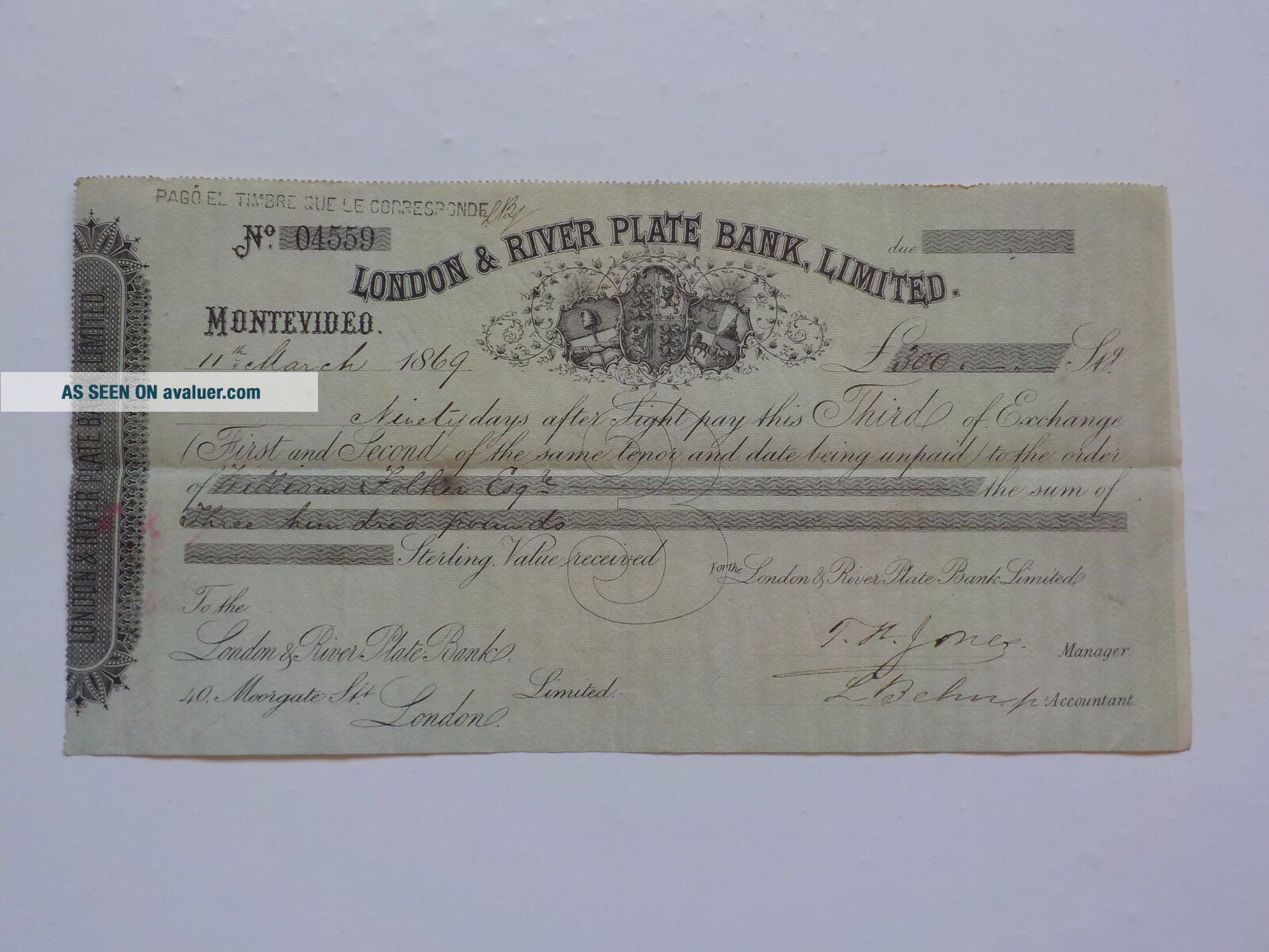 Scrip 1869 London & River Plate Bank Limited Montevideo Paper Money ...
