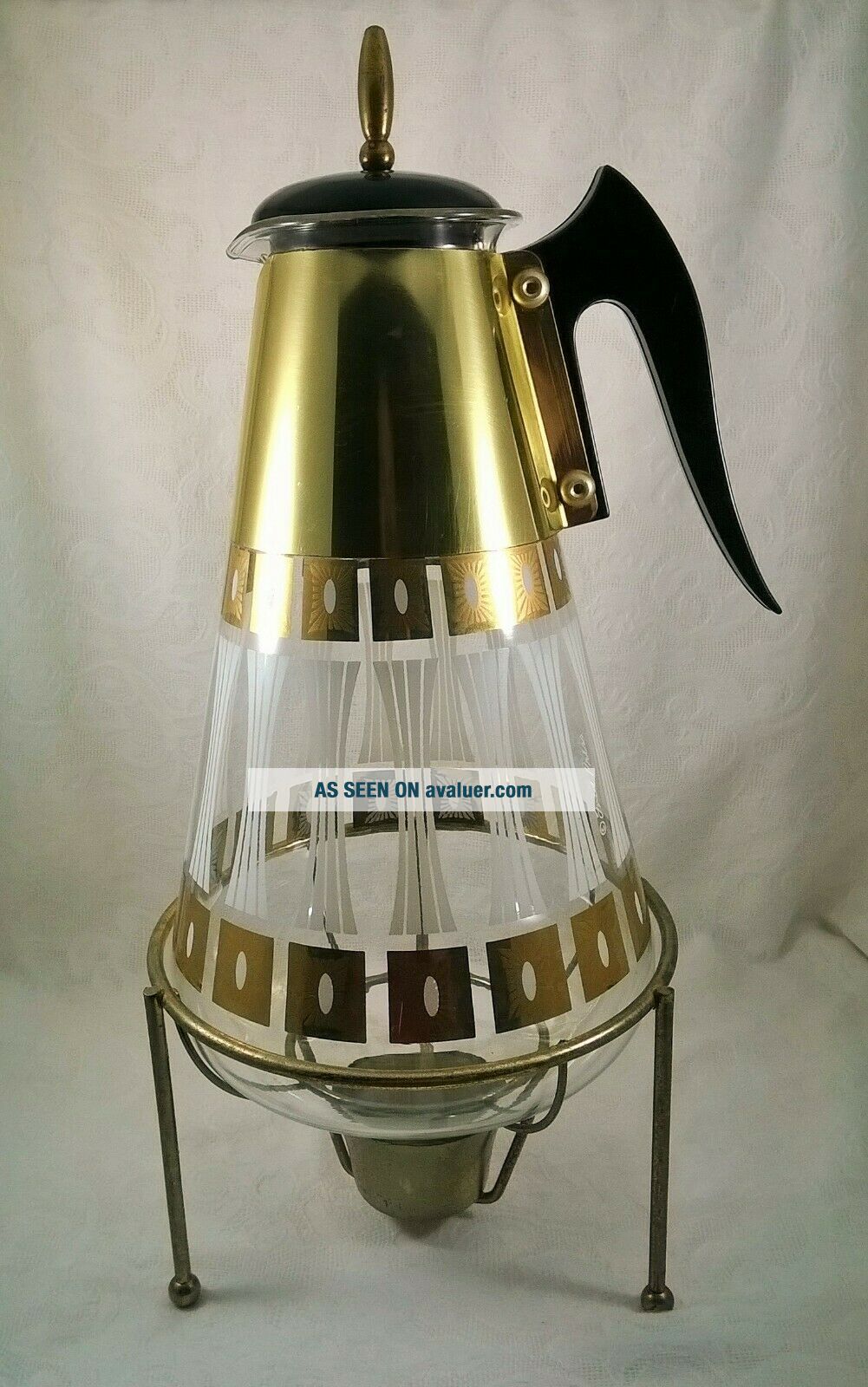 Vintage Fred Press Mid Century Glass Coffee Carafe Warmer Gold White ...