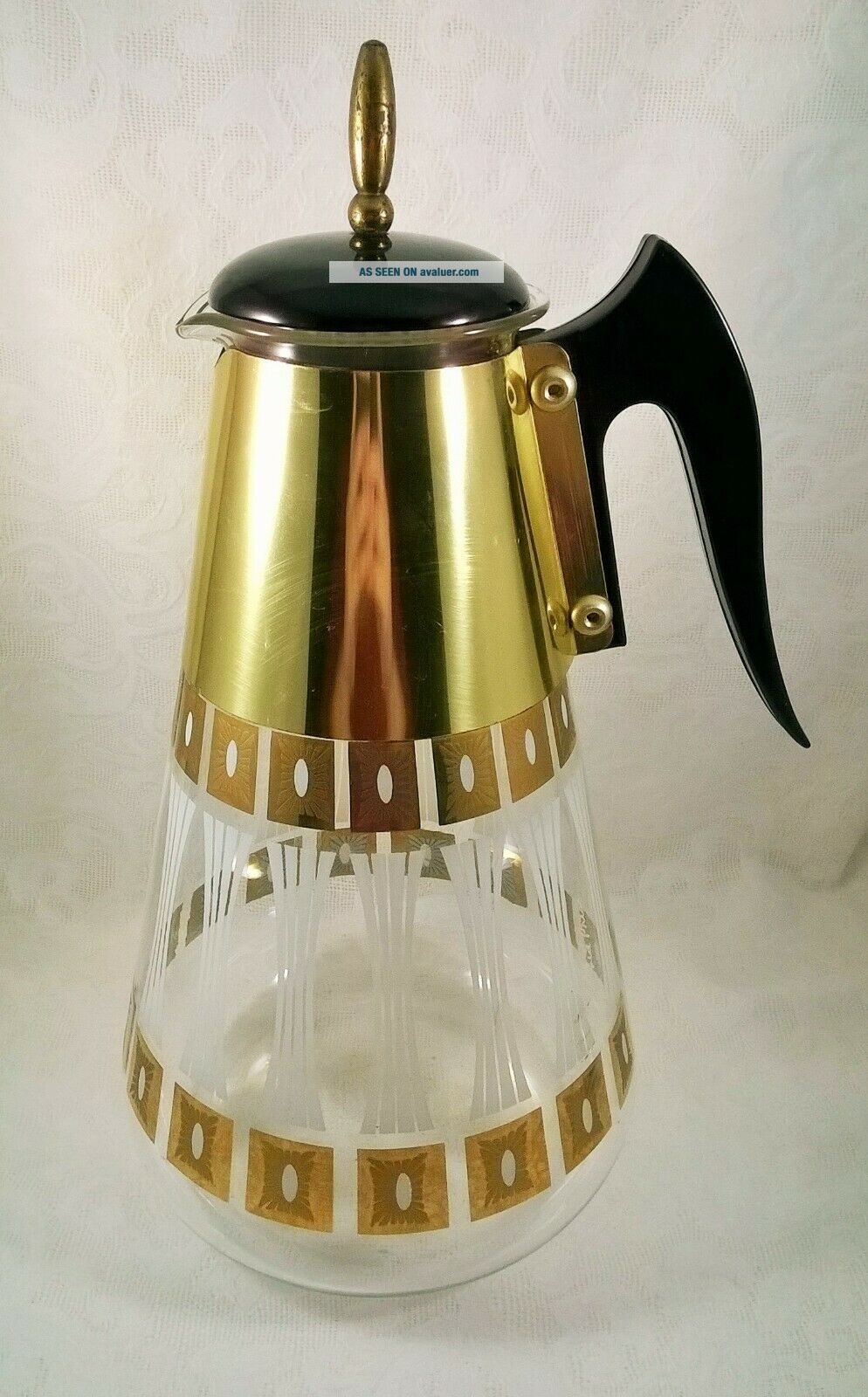 Vintage Fred Press Mid Century Glass Coffee Carafe Warmer Gold White ...