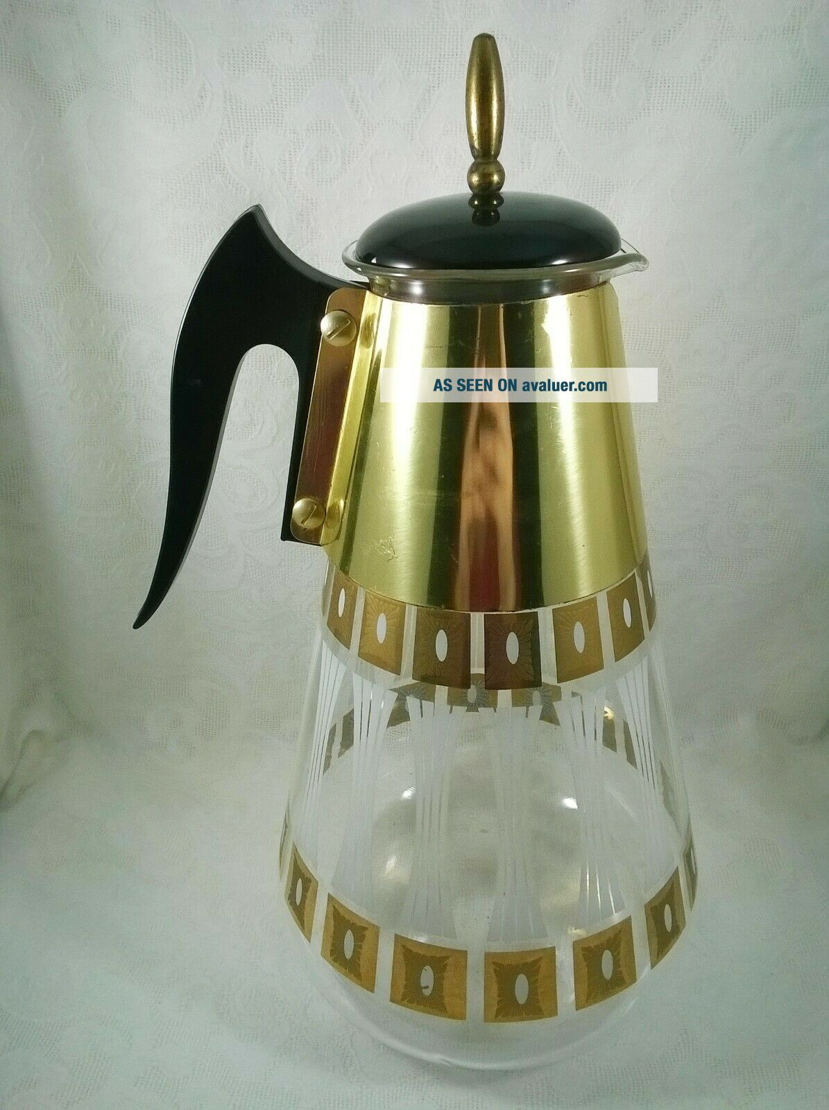 Vintage Fred Press Mid Century Glass Coffee Carafe Warmer Gold White ...