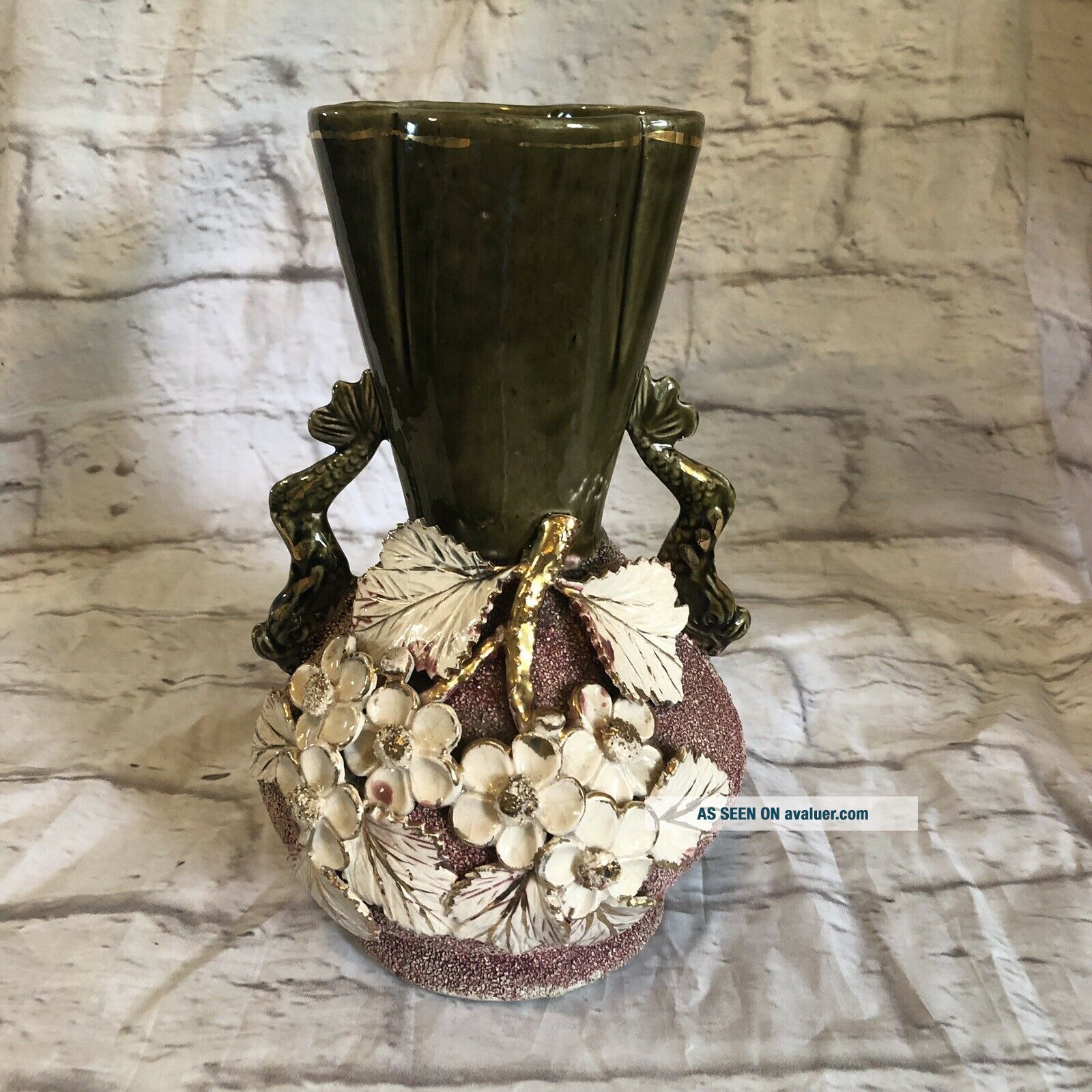 Majolica Sand Pottery Vase Green Applied Flowers Vintage | #7426906