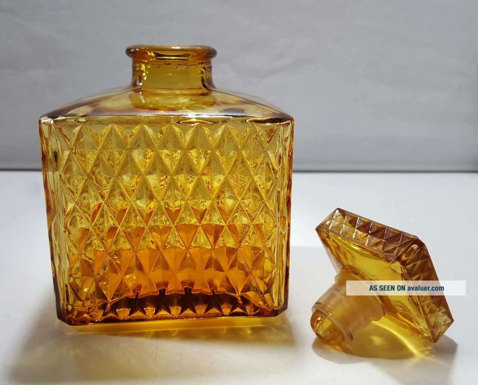 Vintage Honey Amber Glass Decanter In Diamond Pattern 5 " | #7445372