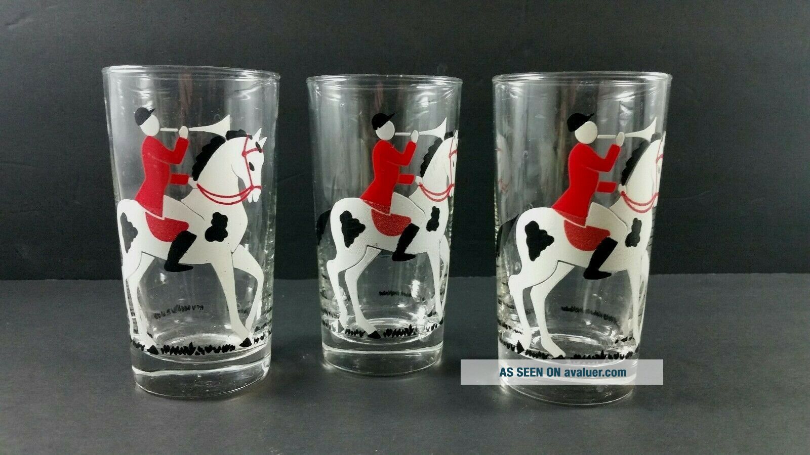 Libby Fox Hunt Tea Water Glasses Set Of 3 Horse And Rider Vintage Set ...