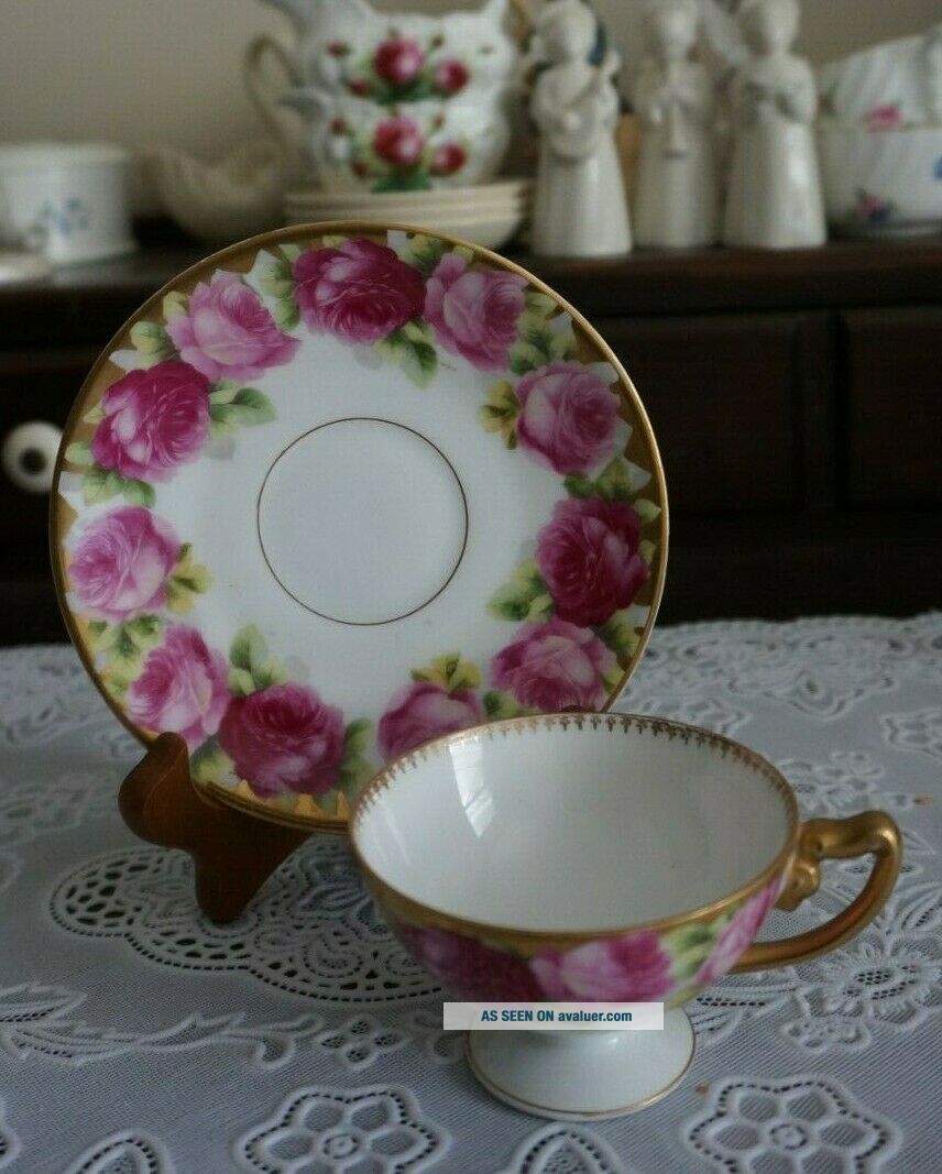 VINTAGE Rosenthal Pink Rose Heavy Gold Trim Demitasse Cup And Saucer ...