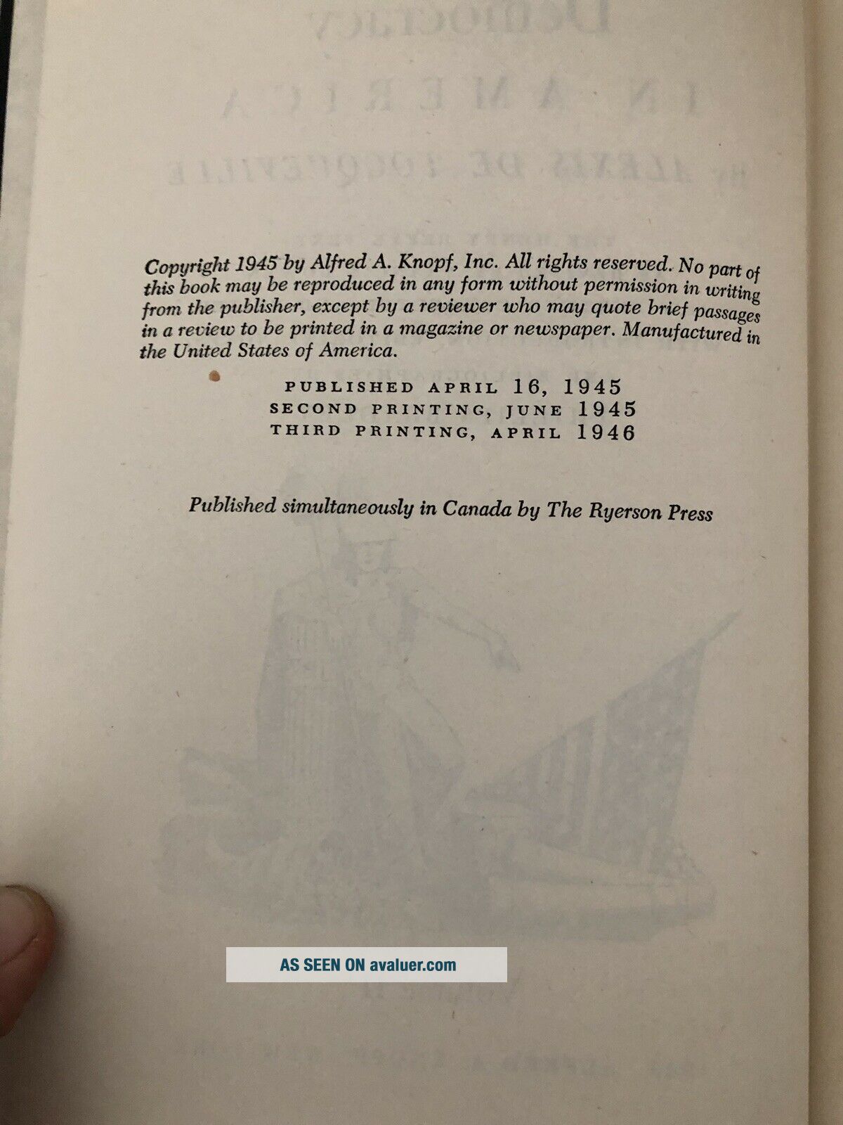 “Democracy In America” By Alexis De Tocqueville 1946 Third Edition ...