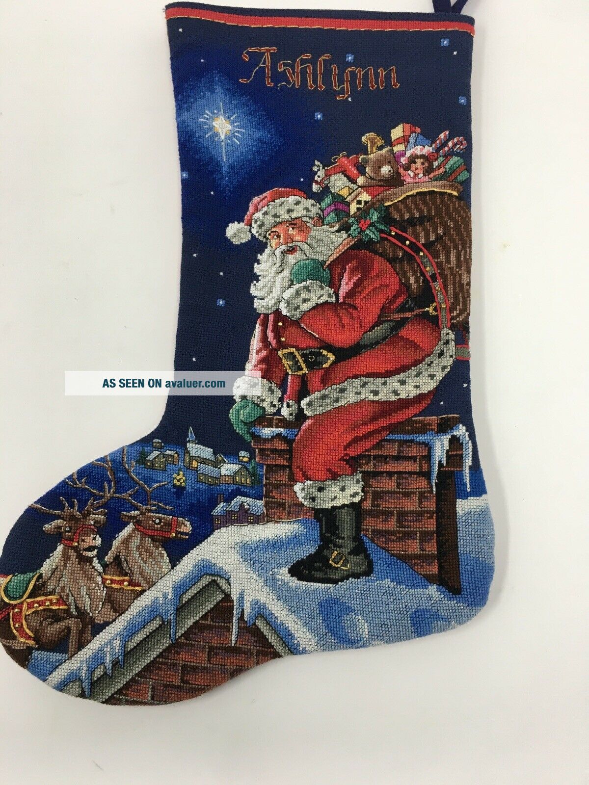 Vtg Completed Needlepoint Christmas Stocking Santa On Rooftop 17 ...