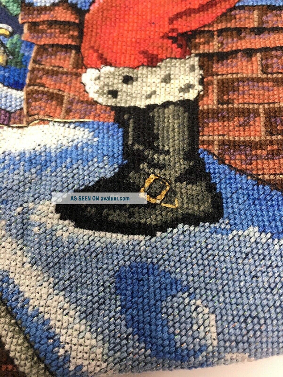 Vtg Completed Needlepoint Christmas Stocking Santa On Rooftop 17 ...