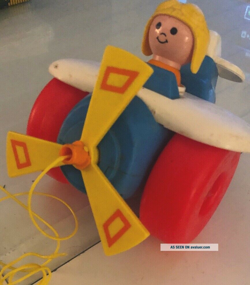 Vtg 1980 Fisher Price Little People Clicking Airplane Pull Toy W/Pilot ...