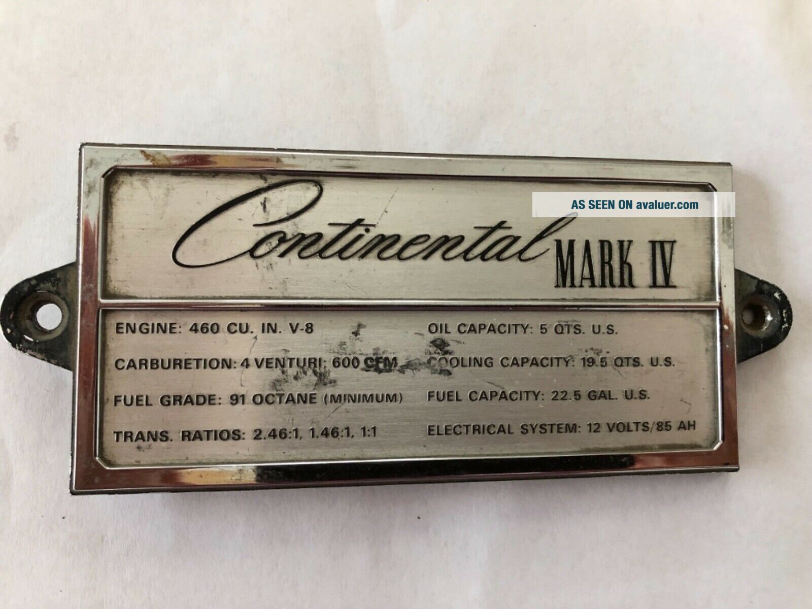 Lincoln Continental Mark IV Vintage Metal Specification Emblem Plate ...