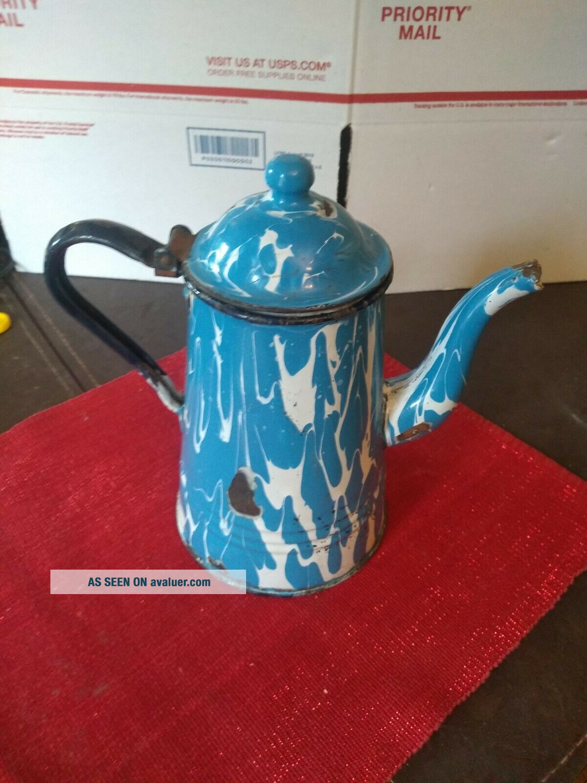 Vintage Blue & White Swirl Enamelware Coffee Pot Graniteware Kettle ...