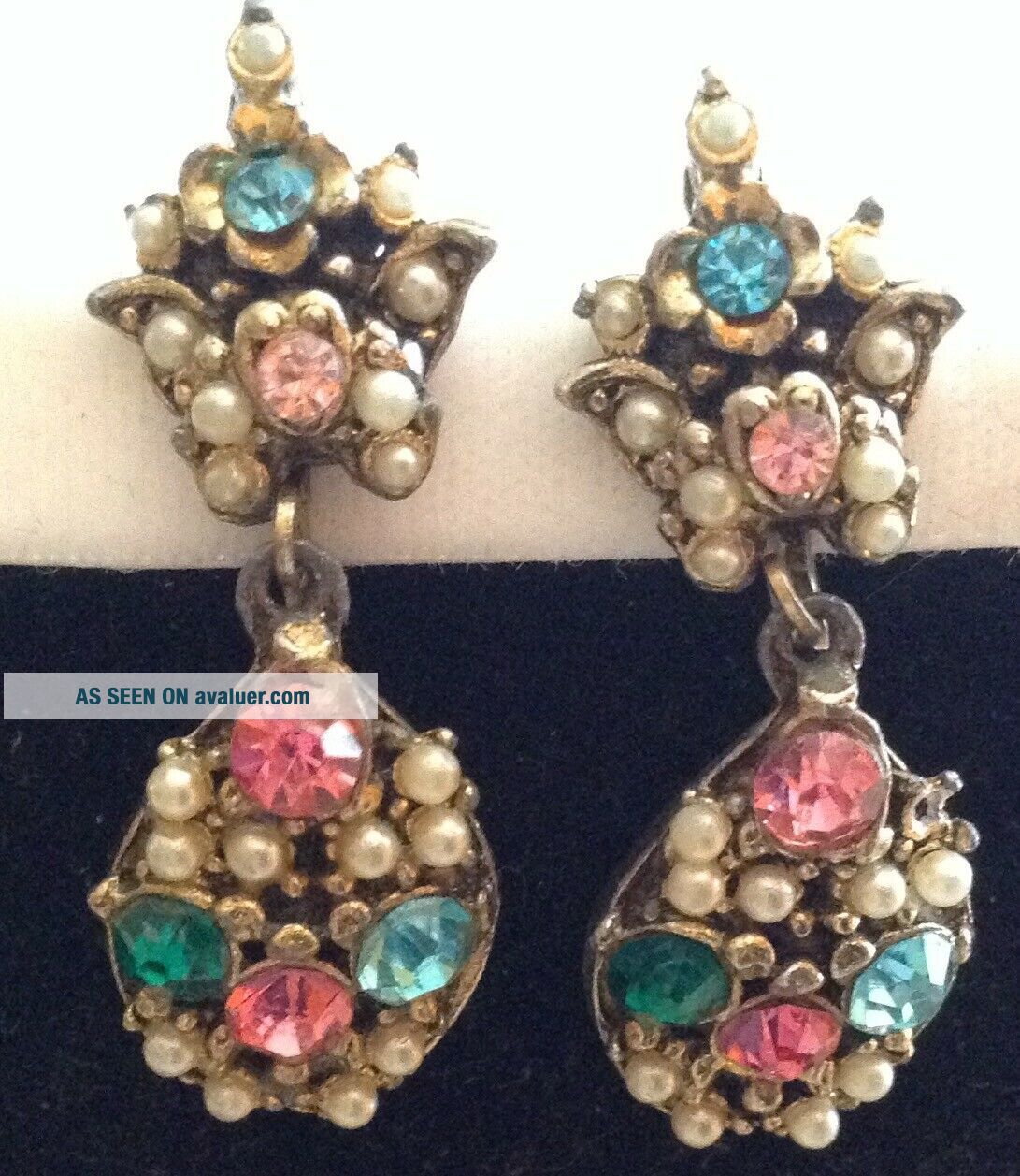 Vintage Multi Colored Rhinestone Gold Tone Screw Back Dangle Earrings ...
