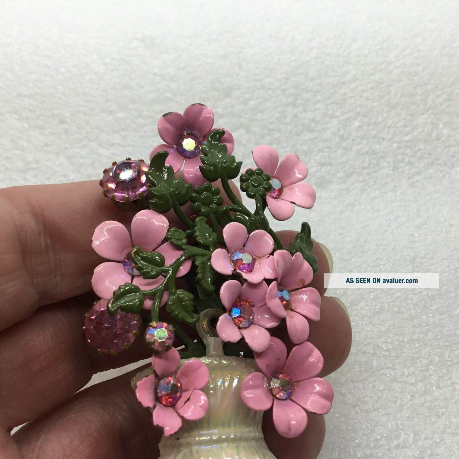 Vintage FLOWER VASE BROOCH Pin Pink Enamel AB Rhinestone Costume ...
