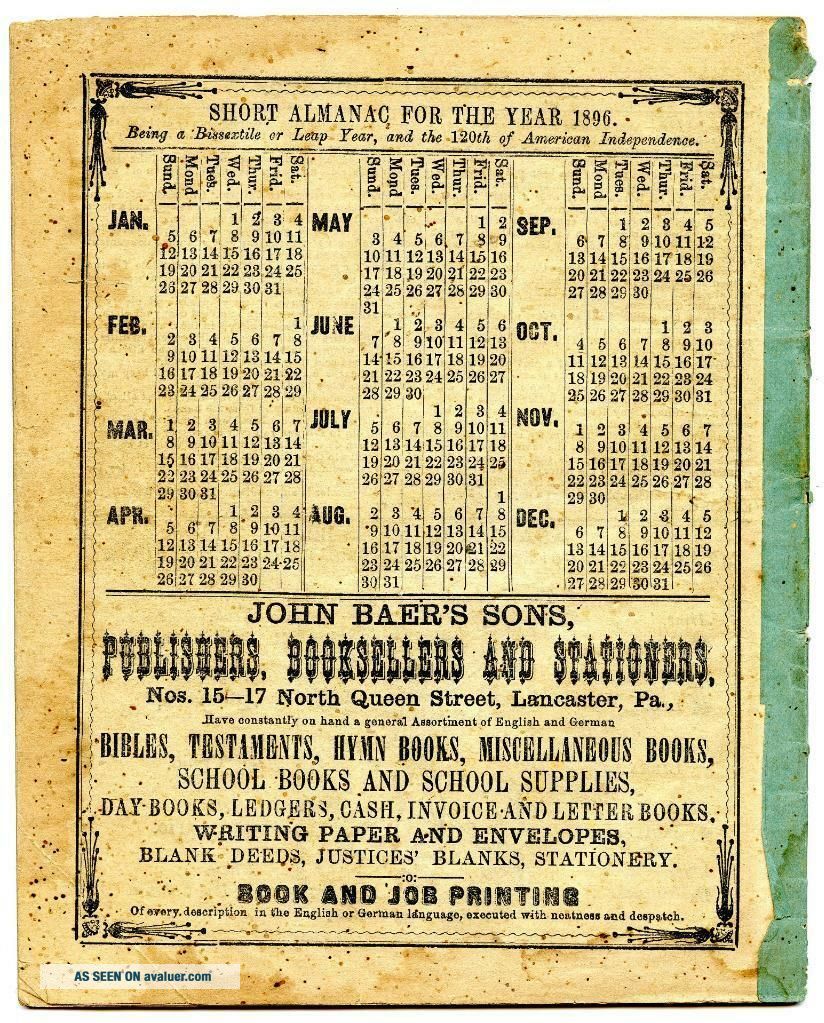 1896 Lancaster Pennsylvania Agricultural Almanac John Baer Sons German ...