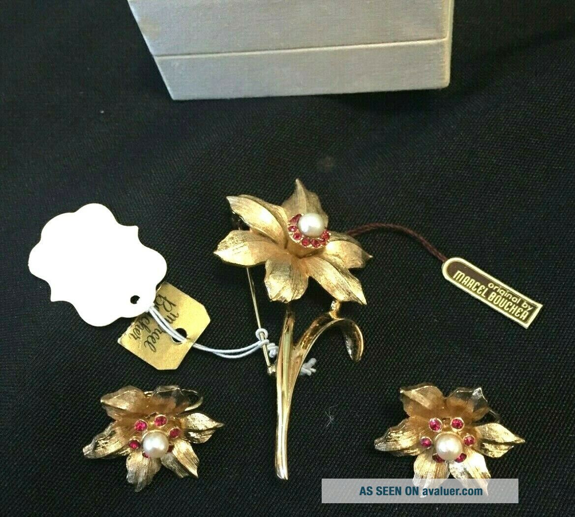 Vintage BOUCHER Brooch Pin Red Rhinestone Faux Pearl 8367 Narcissus ...
