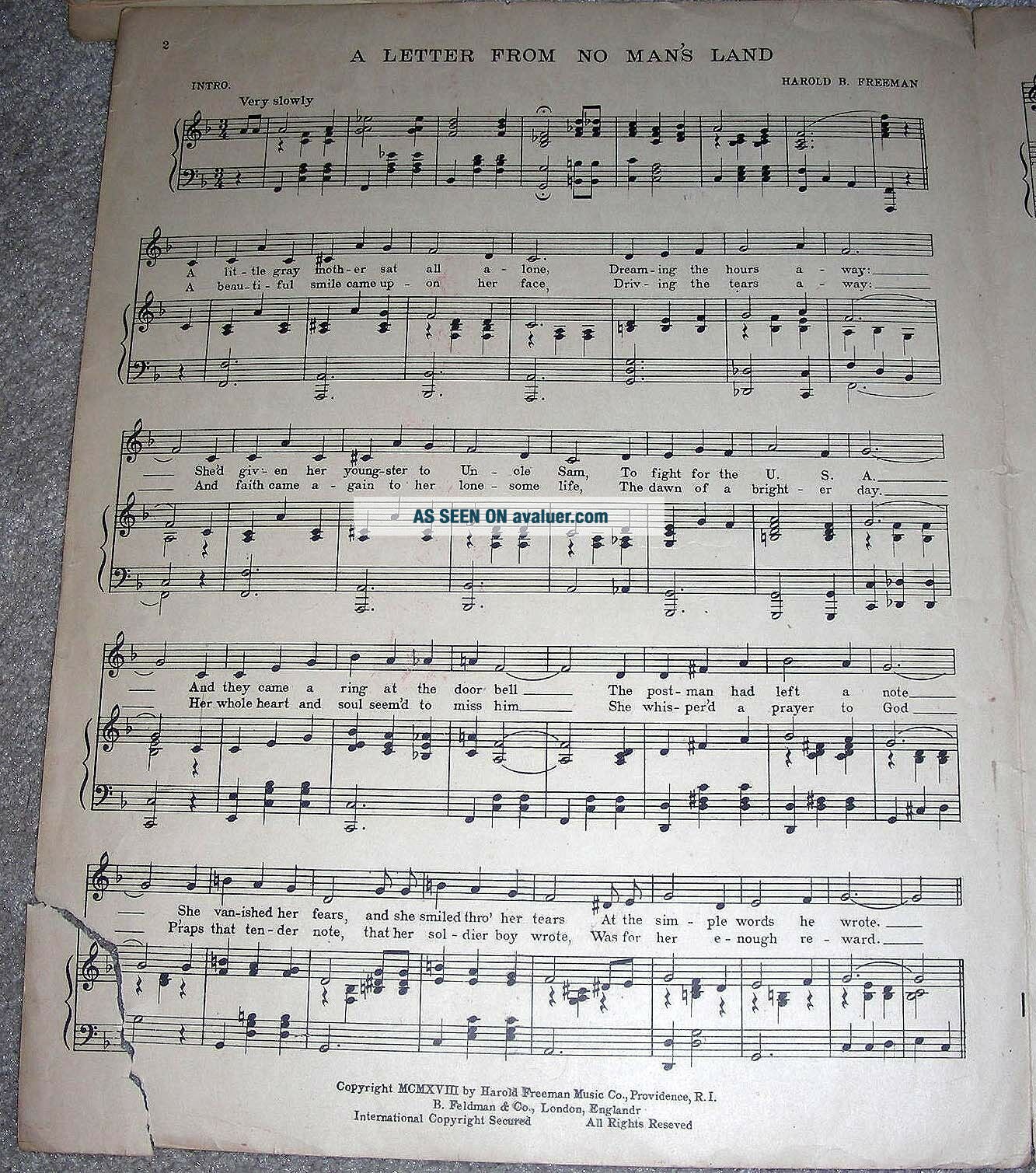 1918 A LETTER FROM NO MAN ' S LAND Vintage WW1 Sheet Music By Harold ...