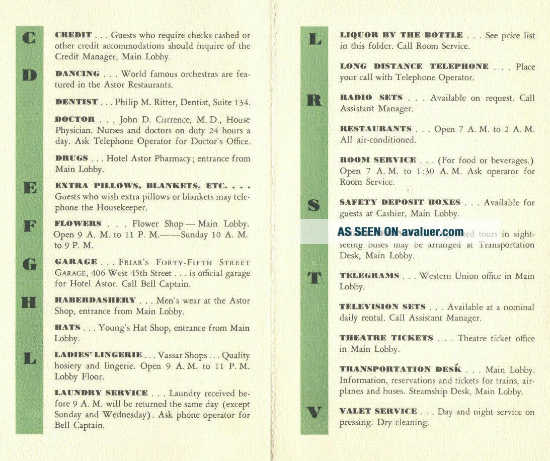 1940s - 50s HOTEL ASTOR NYC DIRECTORY OF SERVICES MAR MENU/TV RENTAL ...