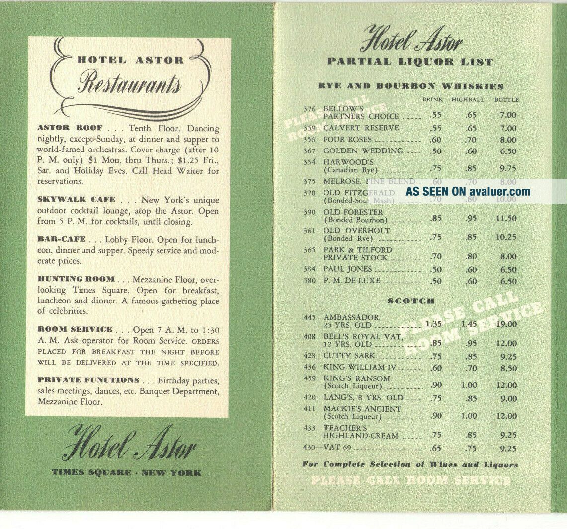 1940s - 50s HOTEL ASTOR NYC DIRECTORY OF SERVICES MAR MENU/TV RENTAL ...