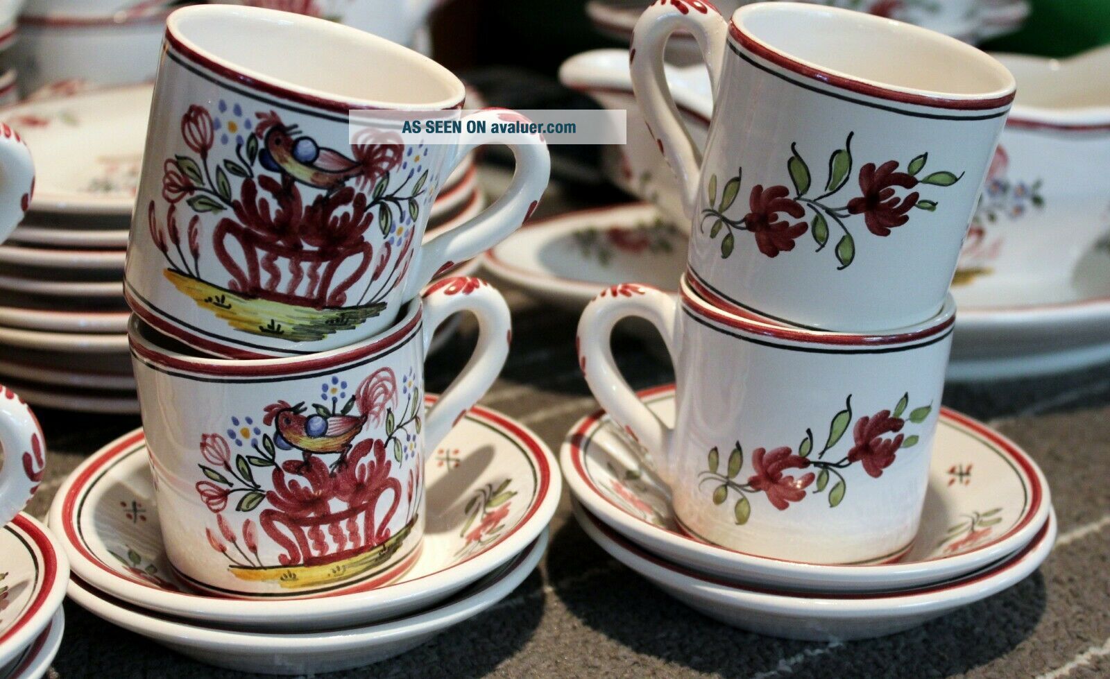 Set 6 French Faience Demi Tasse Tea Cups Saucers Strasbourg Rooster ...
