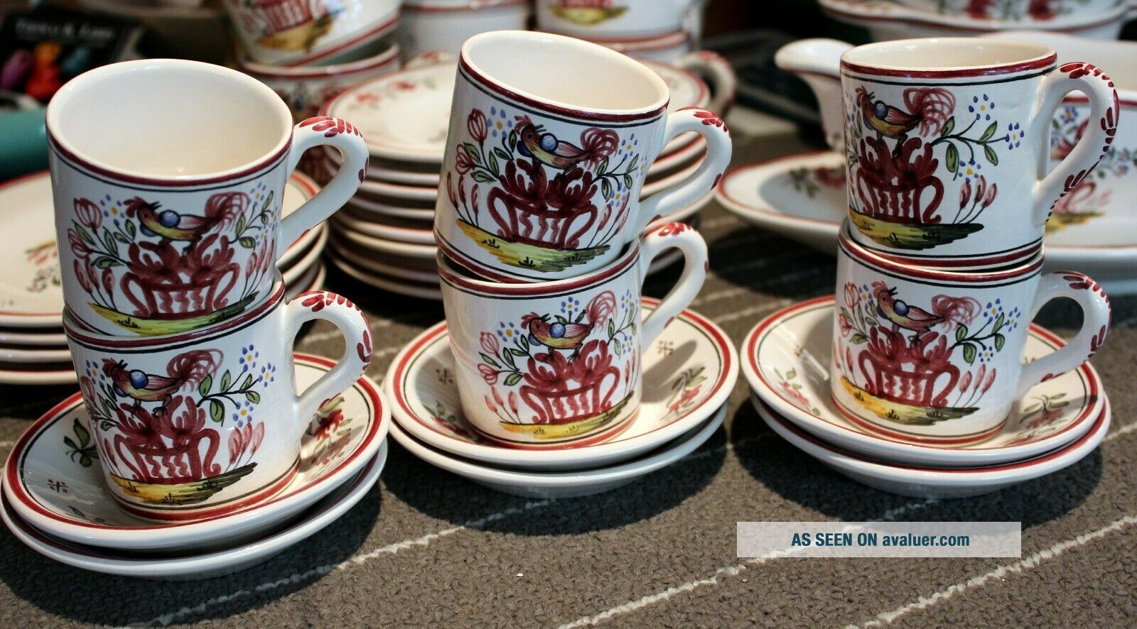 Set 6 French Faience Demi Tasse Tea Cups Saucers Strasbourg Rooster ...