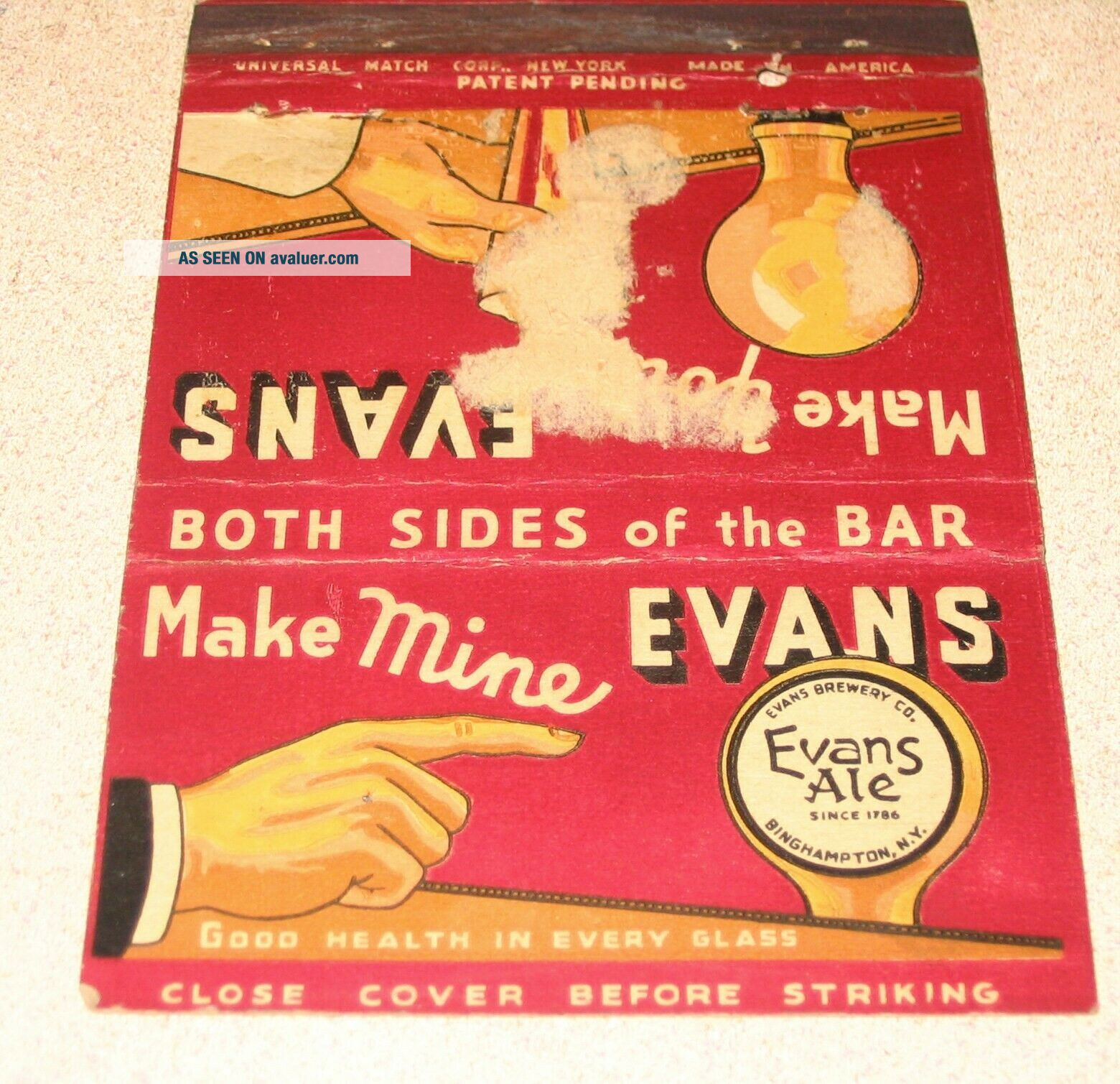 Evans Ale Beer Vintage Match Cover Book Evans Brewery Binghamton NY Pc ...