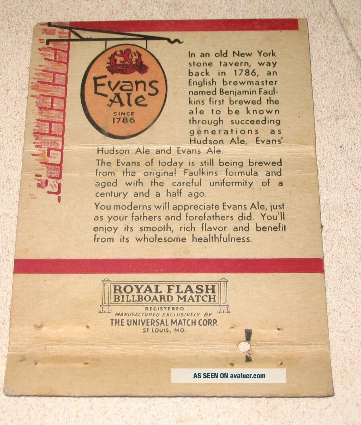 Evans Ale Beer Vintage Match Cover Book Evans Brewery Binghamton NY Pc ...