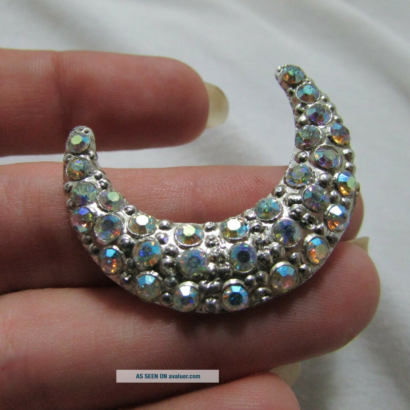 Lovely Vintage Silver Tone Aurora Borealis Rhinestone Crescent Moon Pin ...