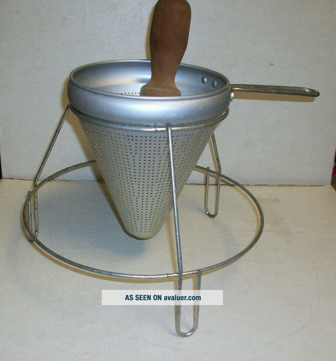 VINTAGE CONE COLANDER STRAINER SIEVE WITH STAND AND WOOD PESTLE PLUNGER ...