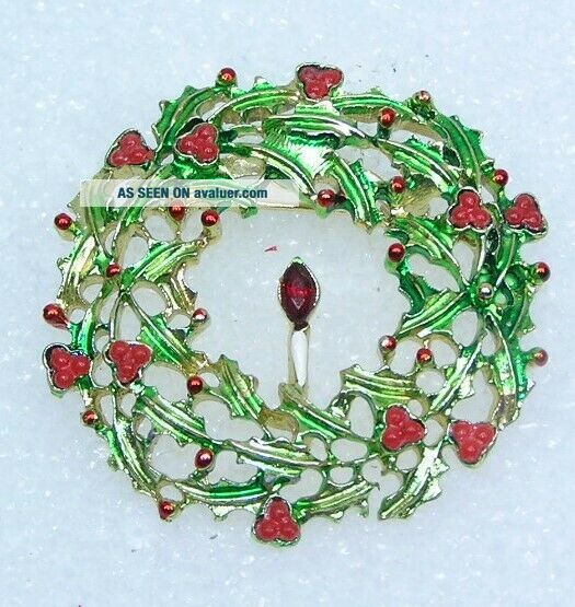 Vintage Christmas Wreath Pin Brooch Green Enamel Holly Leaves With Red ...