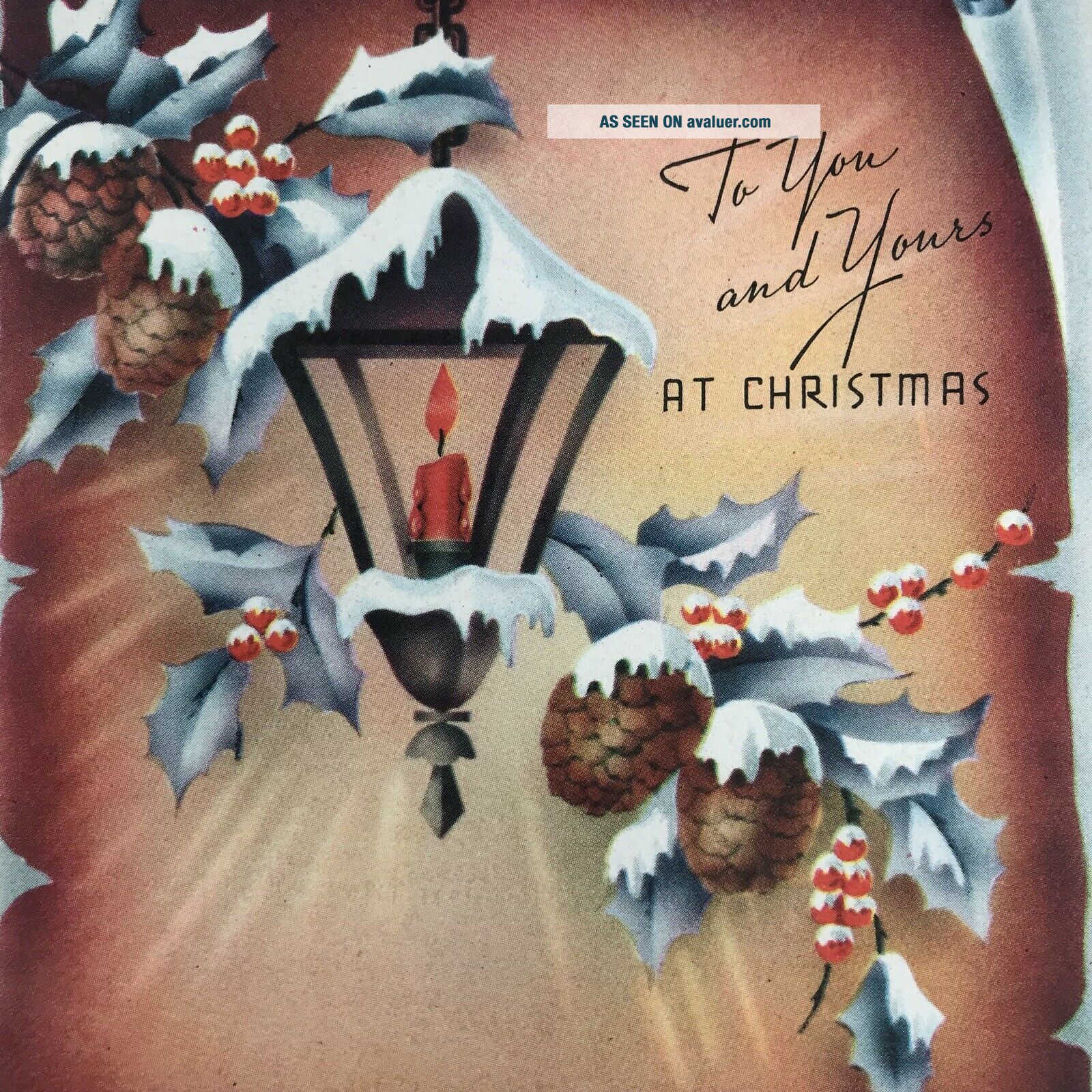 Vintage Mid Century Christmas Greeting Card Snowy Lantern Gray Leaves ...