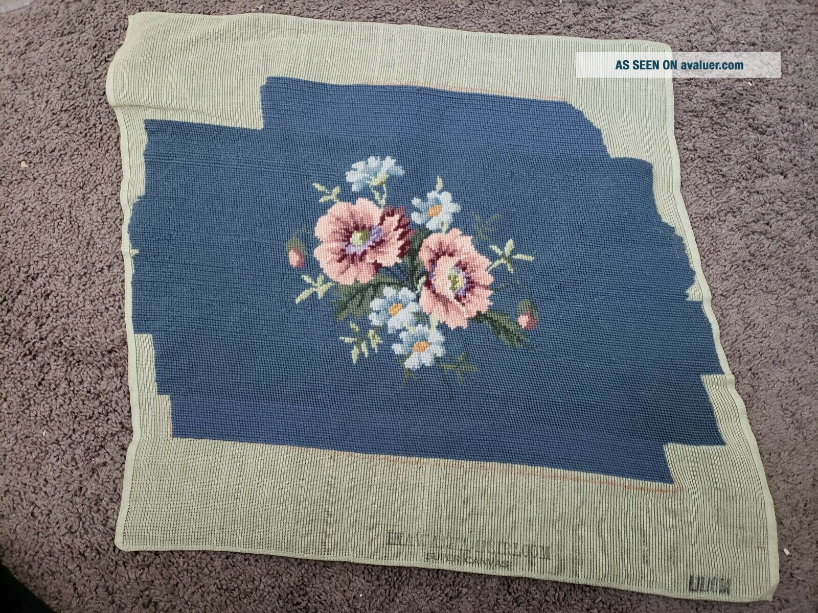 Vintage Petit Point Needlepoint Floral W/ Blue Background Almost ...