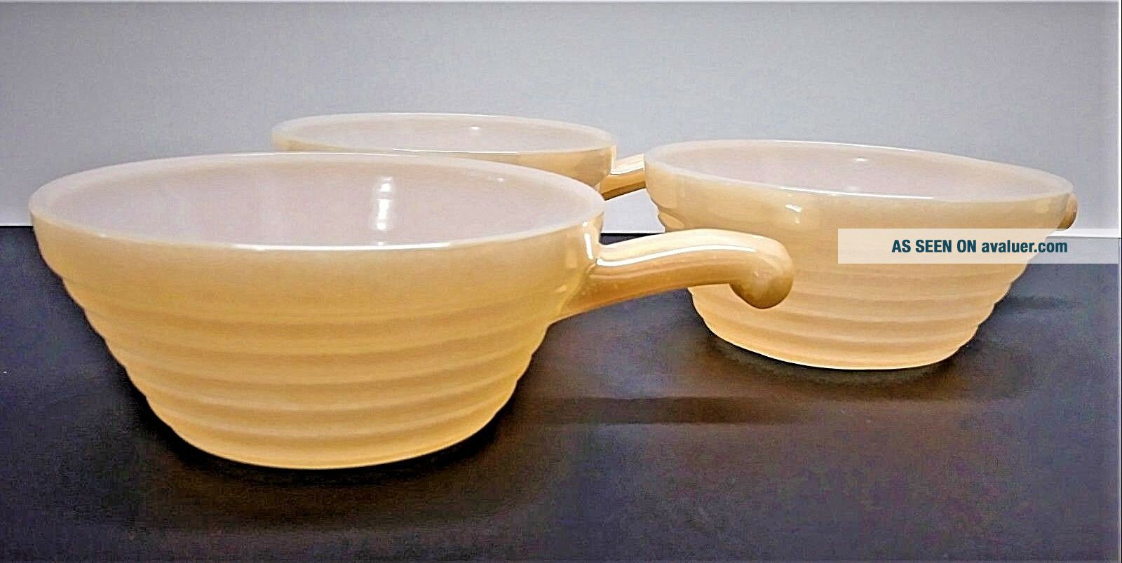 3 VINTAGE FIRE KING PEACH LUSTER BEEHIVE CHILI/SOUP BOWLS WITH HANDLES ...