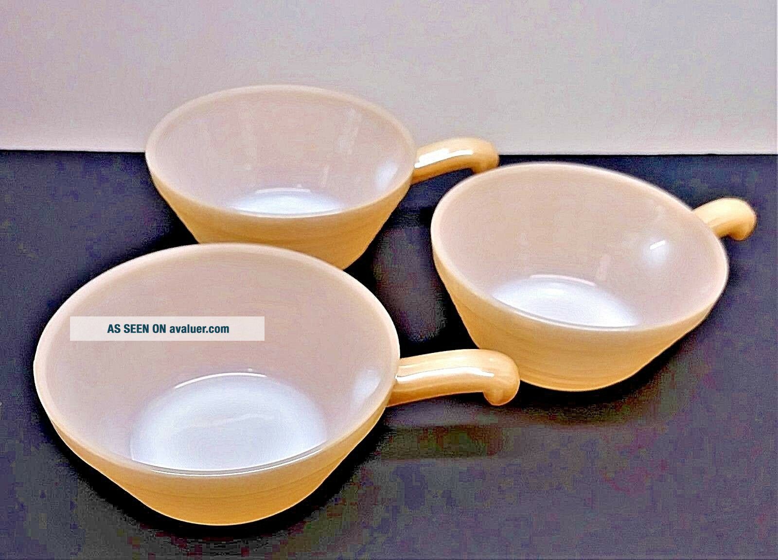 3 VINTAGE FIRE KING PEACH LUSTER BEEHIVE CHILI/SOUP BOWLS WITH HANDLES ...